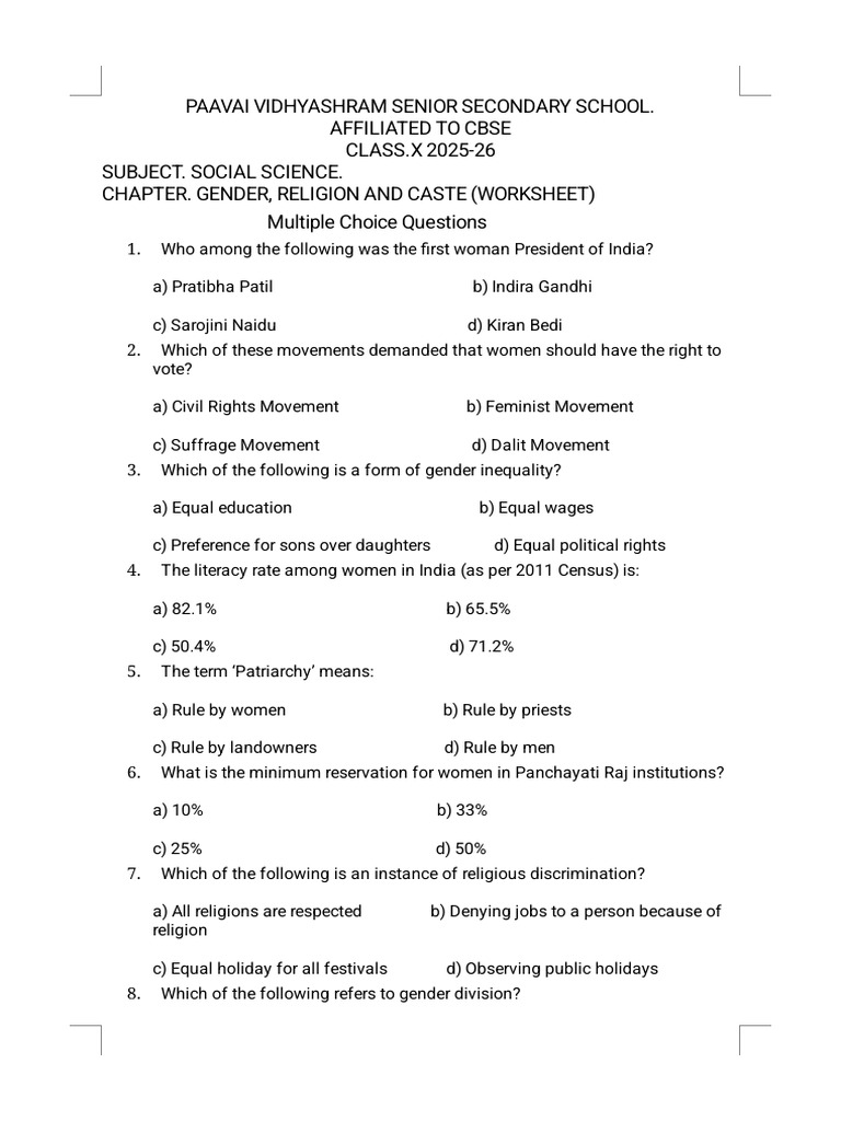 Gender, Religion, and Caste Worksheet | PDF | Caste | Secularism