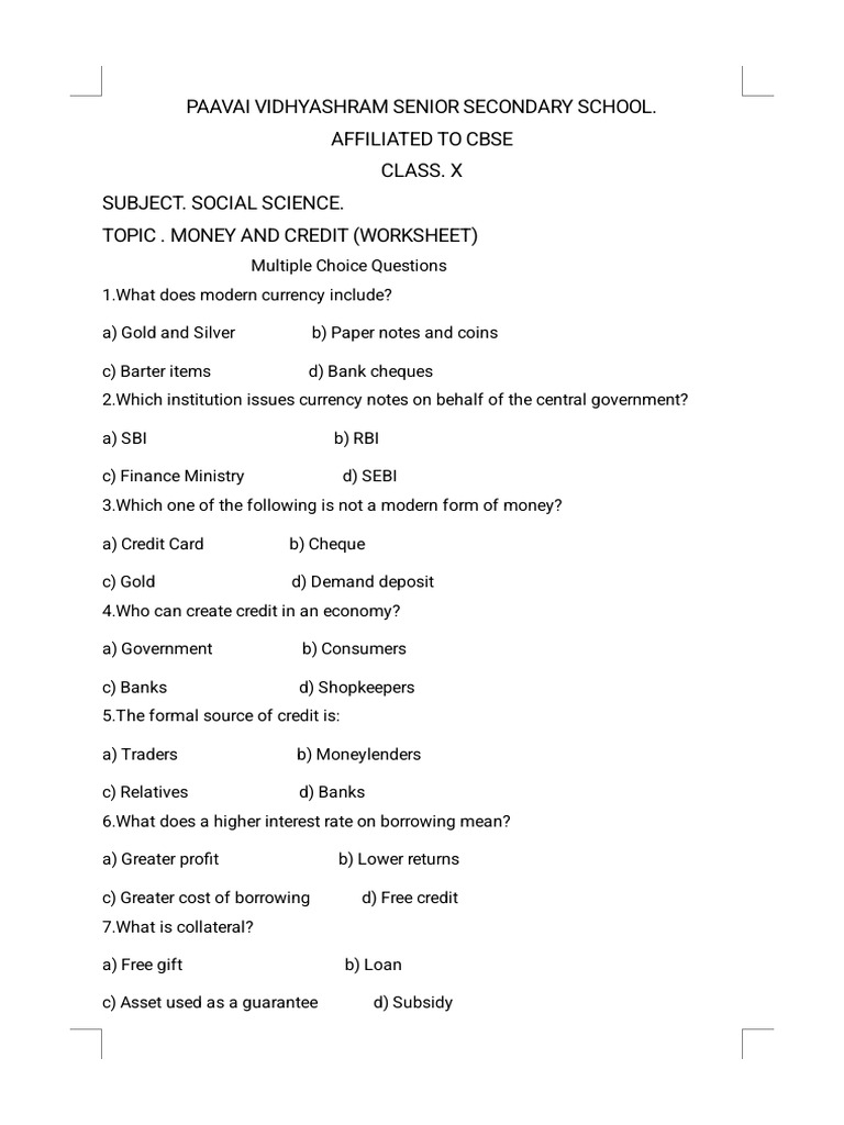 Money and Credit Worksheet 2025-26 Updated | PDF | Credit | Finance ...