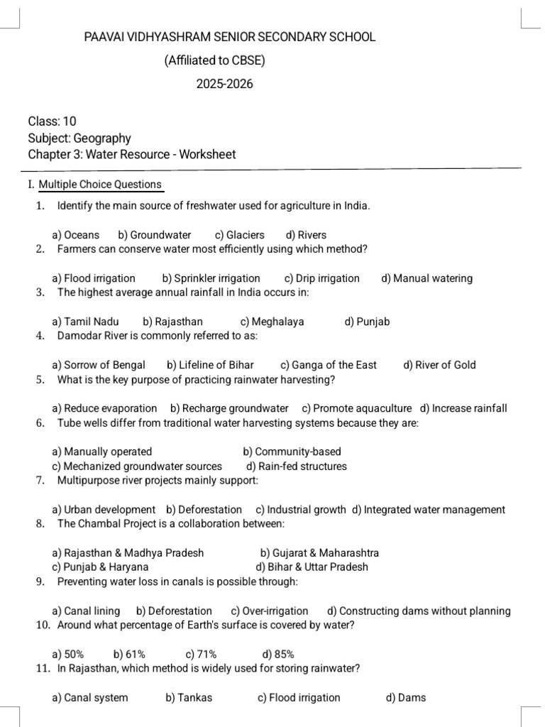 Water Resources - Worksheet | PDF | Irrigation | Groundwater