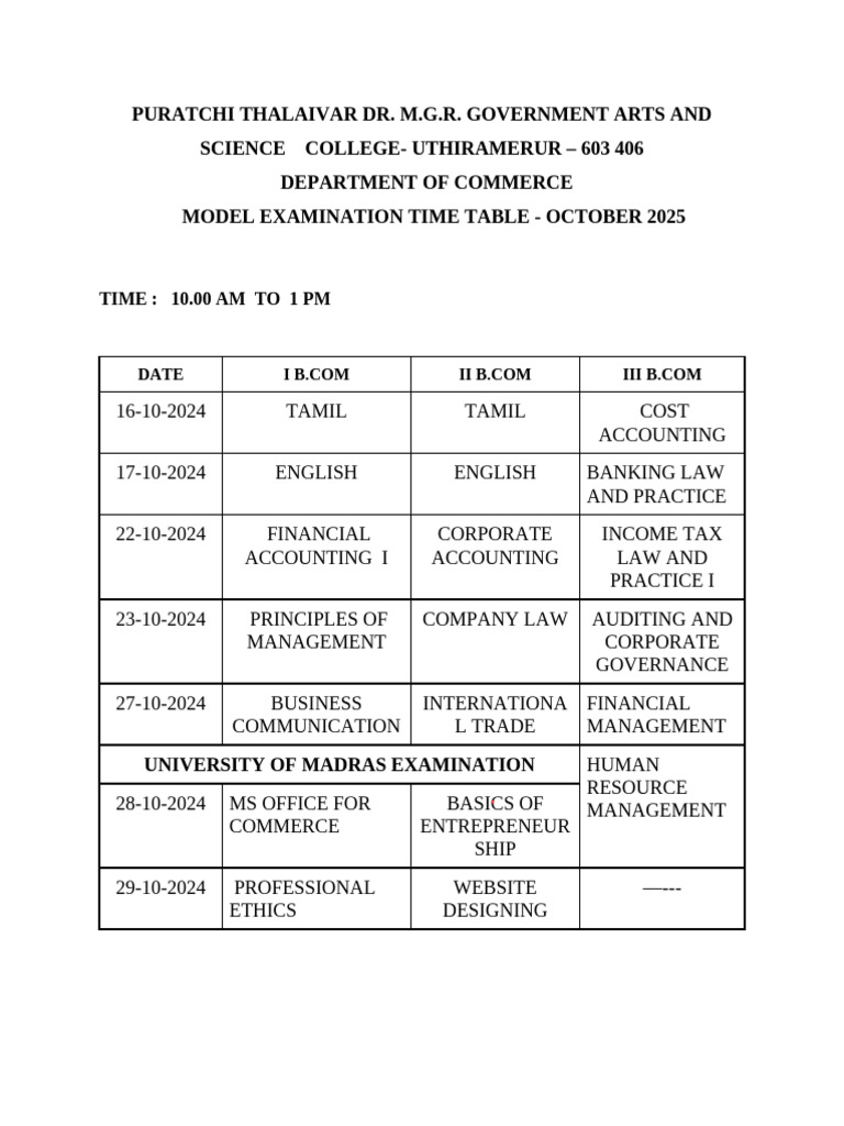Examination Time Table | PDF