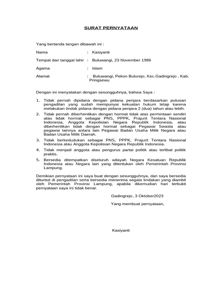08. Contoh Format Surat Pernyataan 5 Poin (1) (1) | PDF