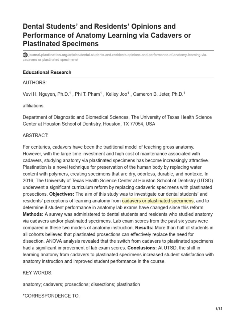 Nguyen Et Al. (2017) - Cadavers Versus Plastinated Prosections | PDF ...