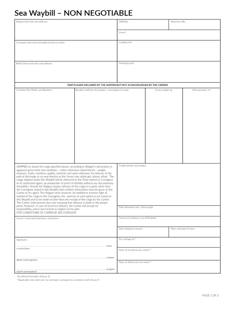 ThorcoShipping SeaWaybillV4 3 | PDF | Cargo | Bill Of Lading