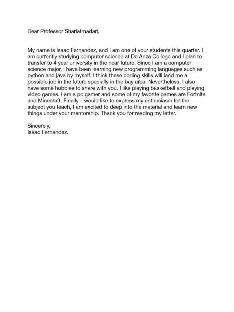 Dear Professor Letter | PDF
