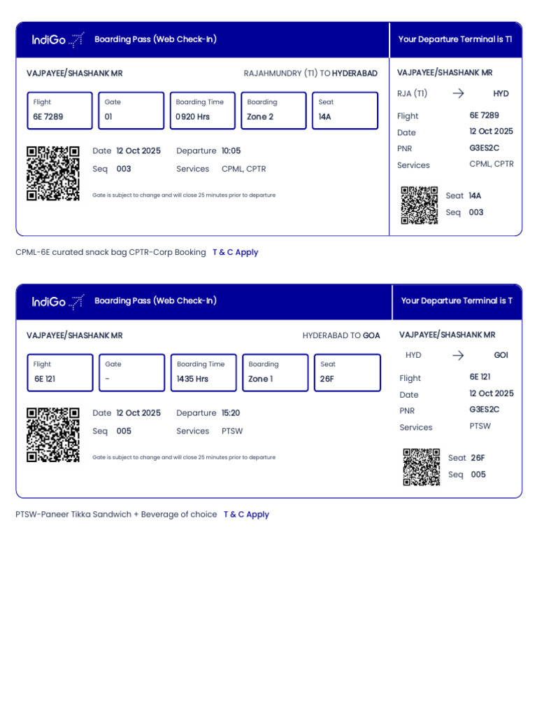 Rjy-hyd & Hyd-bom 12-10-25 Boarding Pass | PDF