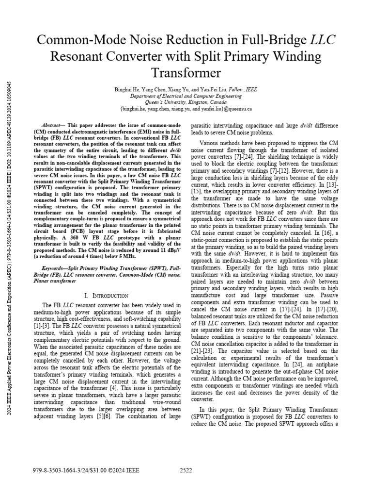 Common-Mode Noise Reduction in Full-Bridge LLC Resonant Converter With Split Pri | PDF ...