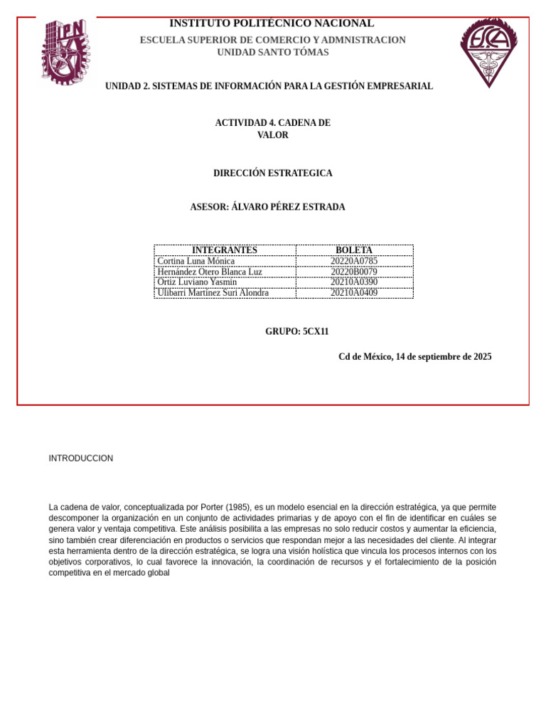 Aportacion U2 - Act 4 - Cadena de Valor - Equipo | PDF | Cadena de valor | Gestión estratégica