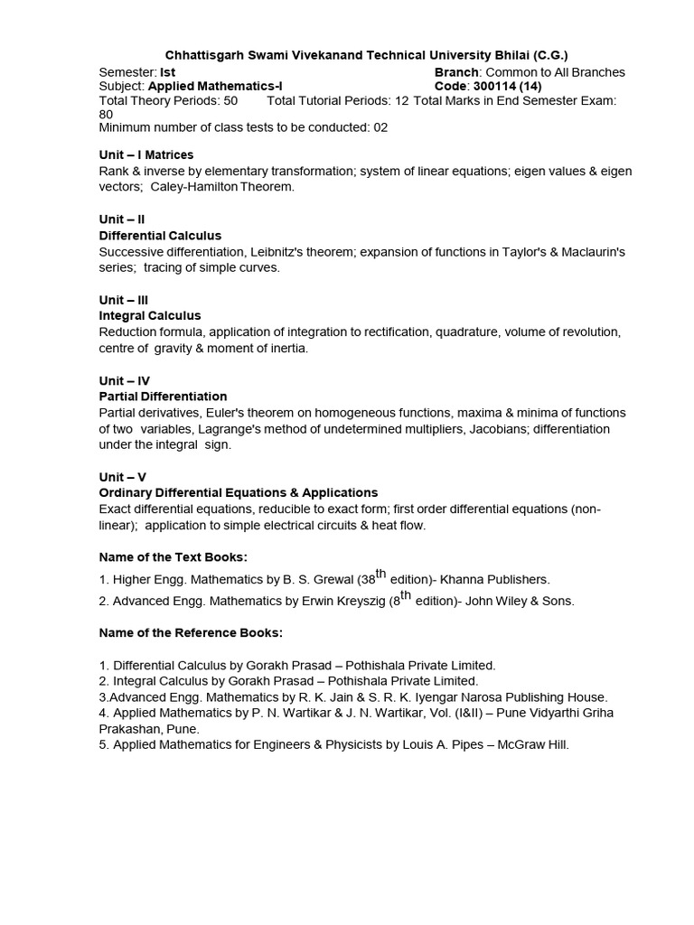 Csvtu Syllabus 300114 Applied Mathematics-I | PDF