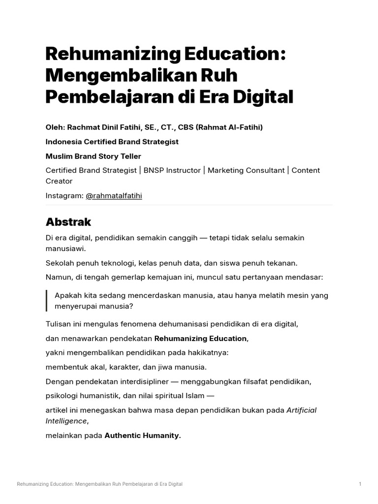 Rehumanizing Education- Mengembalikan Ruh Pembelajaran di Era Digital | PDF
