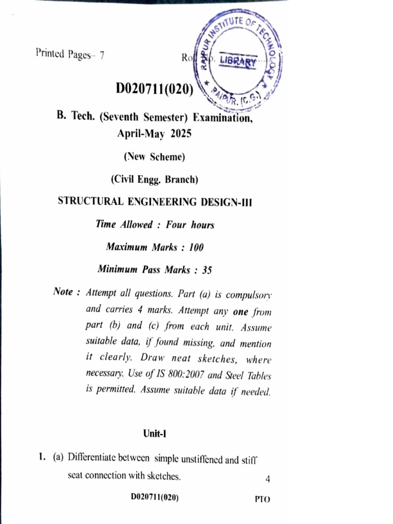 2025 VII CV Structural Engg. Design III - Apr-May (AICTE) | PDF | Beam (Structure) | Column