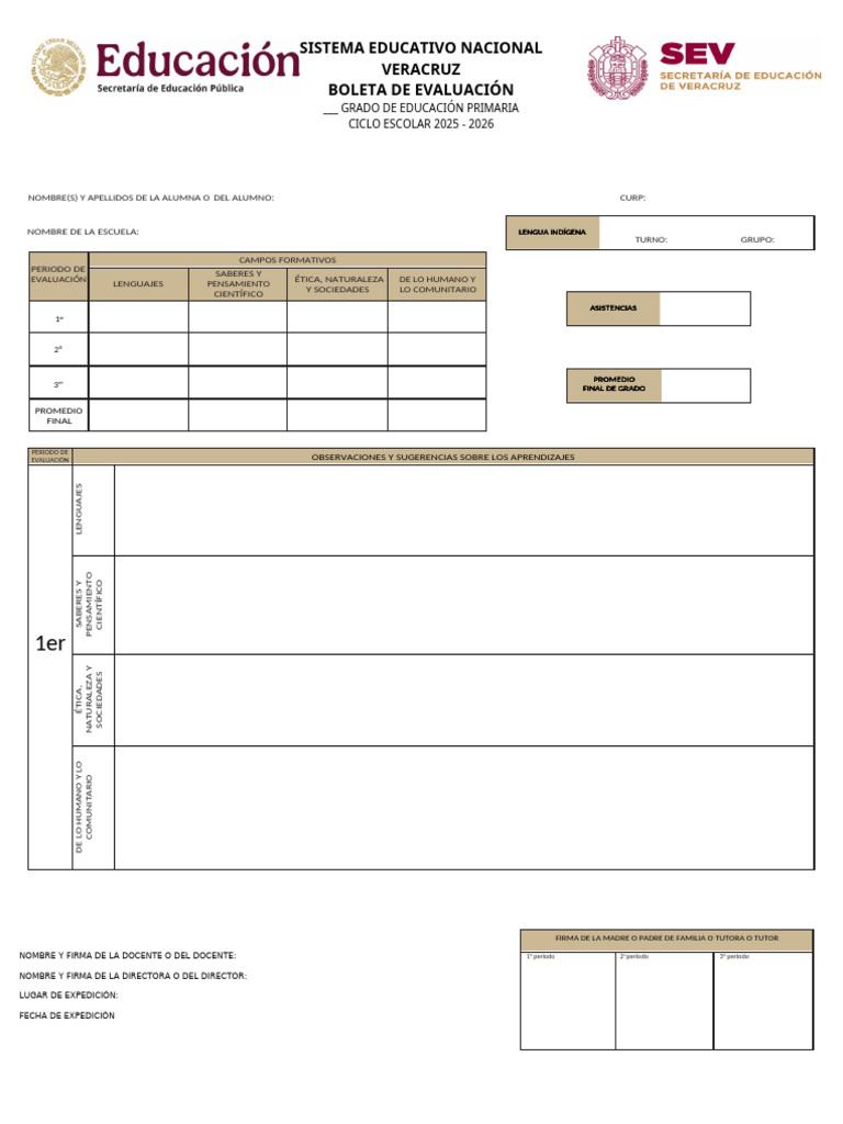 Boleta de Evaluación Primaria 2025-2026 | PDF | Aprendizaje | Enseñando