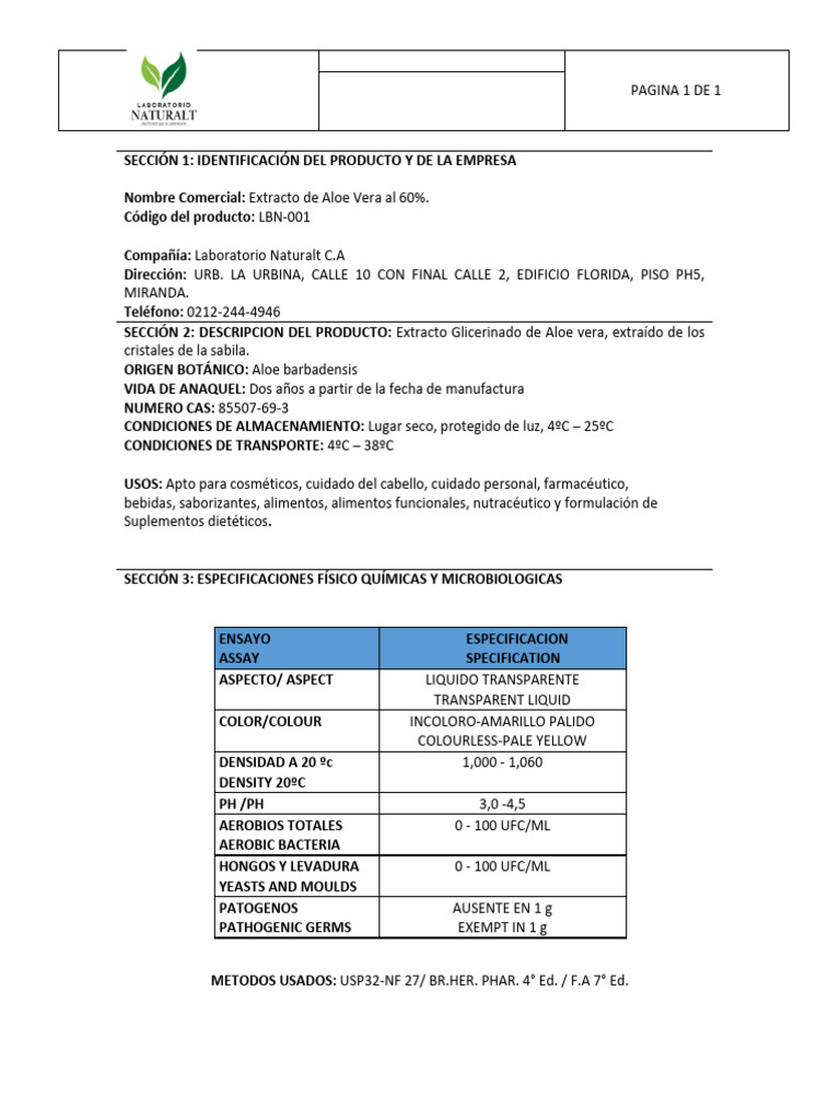 Ficha Tecnica Aloe Vera | PDF