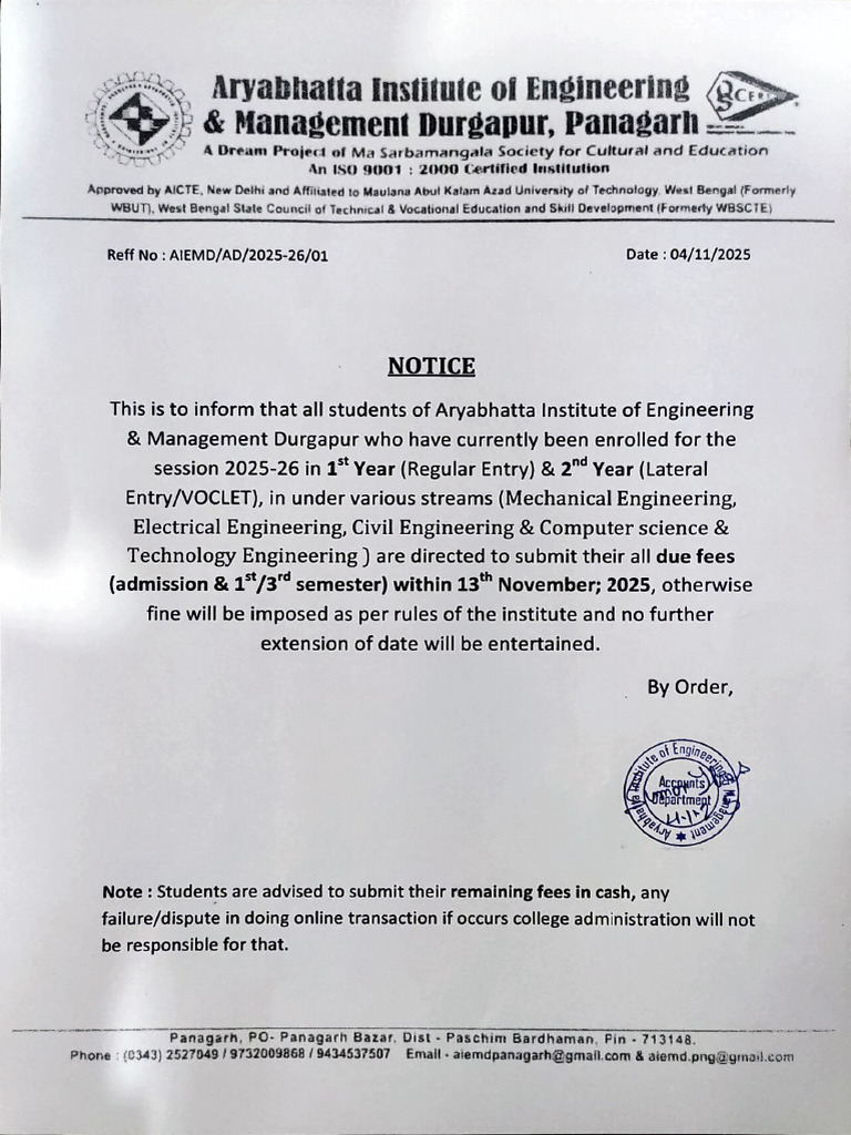 Fee Submission Notice for 2025-26 Students | PDF