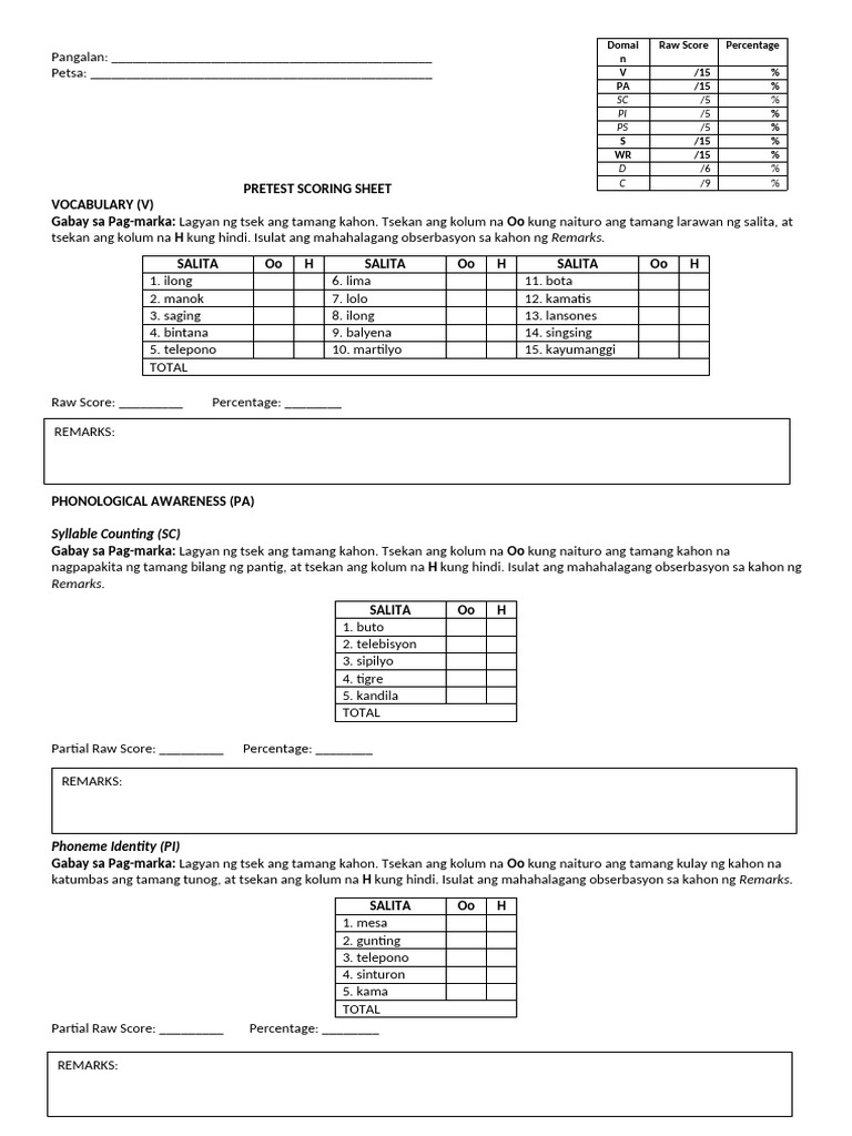 3- Pretest Scoring Sheet | PDF