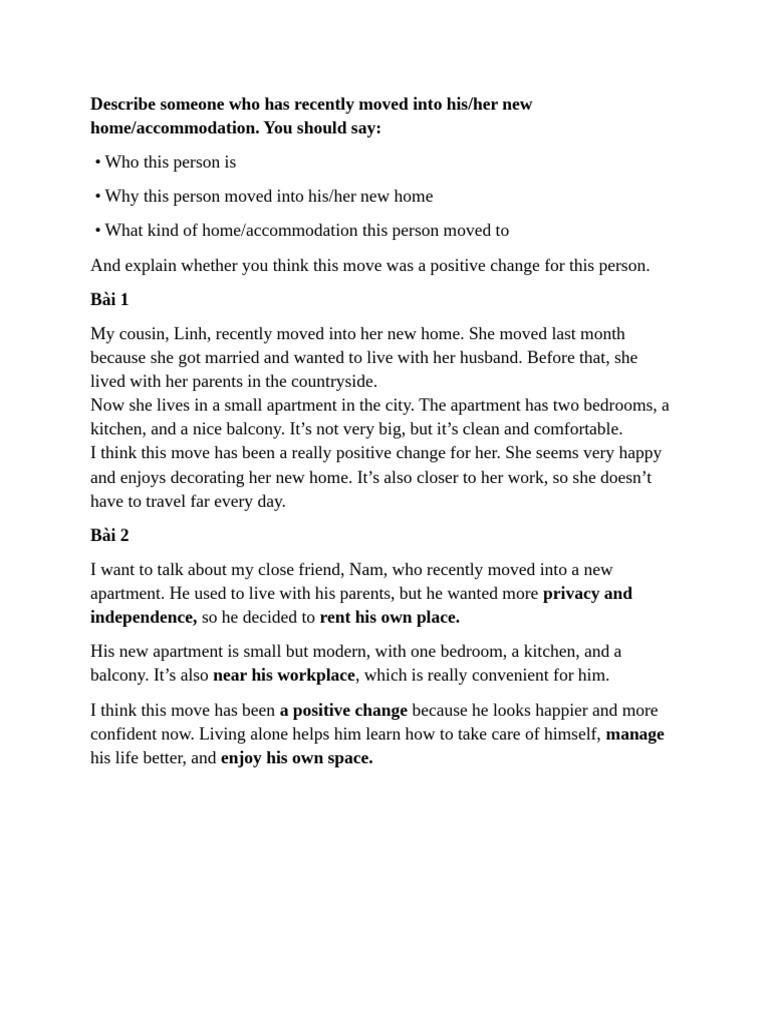 Describe Someone Who Has Recently Moved Into His | PDF