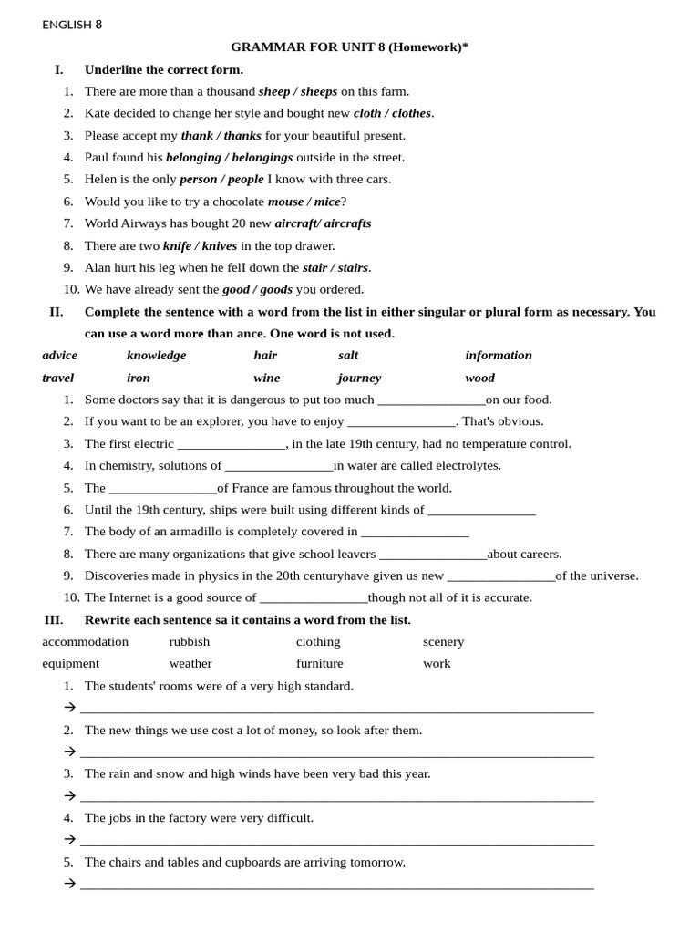 E8 Grammar For Unit 8 (Homework) | PDF