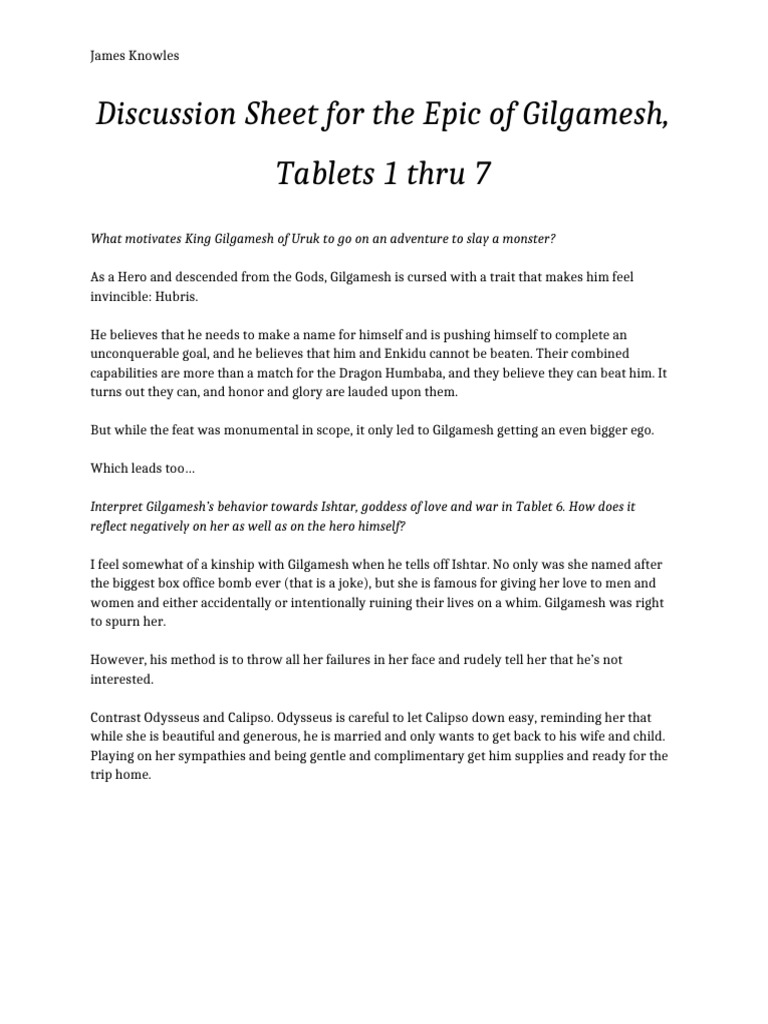 Discussion Sheet For The Epic of Gilgamesh, Tablets 1 Thru 7 | PDF