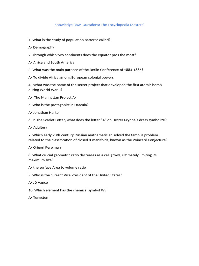 Knowledge Bowl Questions & Answers | PDF