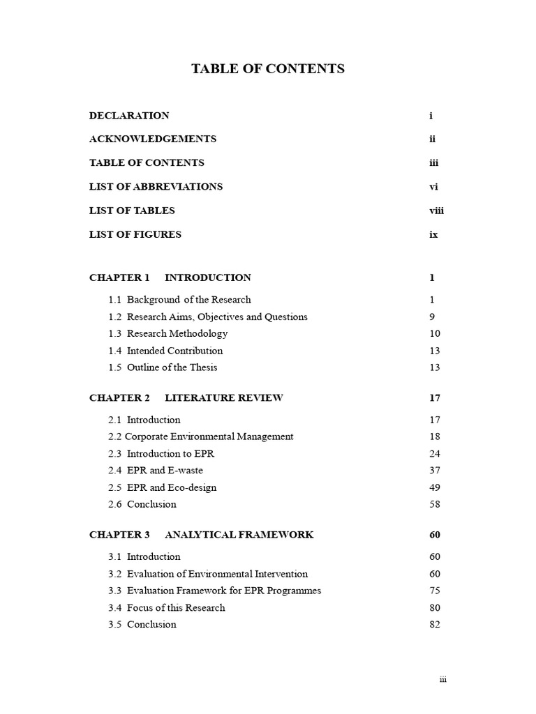 Table of Content For The PHD Thesis On Extended Producer Responsibility ...