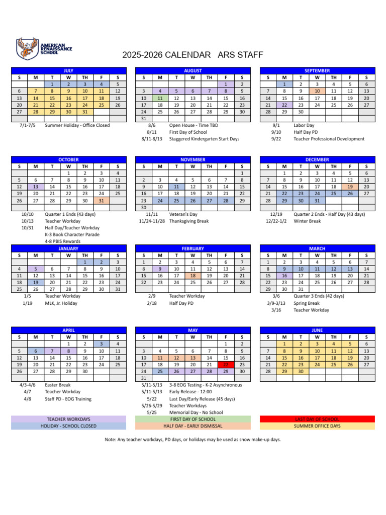 2025-2026 ARS Staff Calendar | PDF | Observances | Higher Education