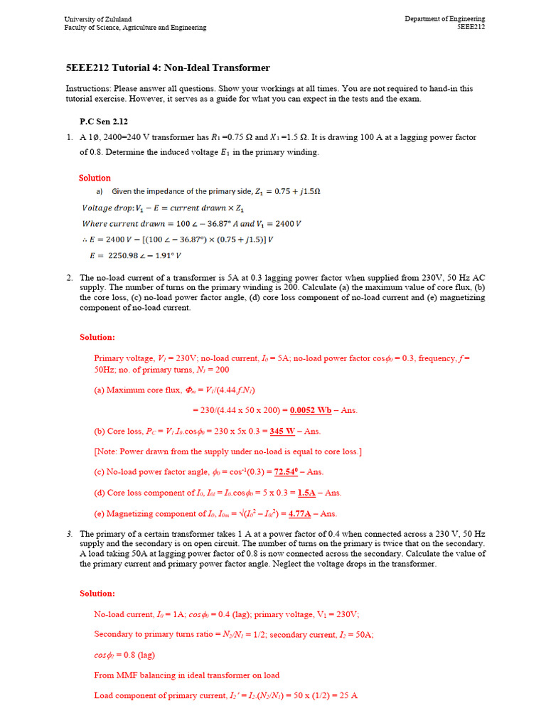 5EEE212 2024 - Tutorial 4 Solutions - Non-Ideal Transformer | PDF | Transformer | Electrical ...