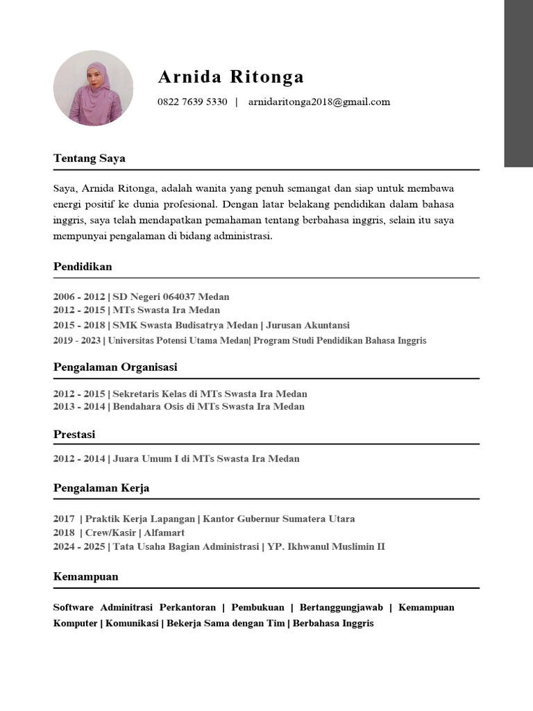 Profil Arnida Ritonga: Administrasi & Bahasa Inggris | PDF