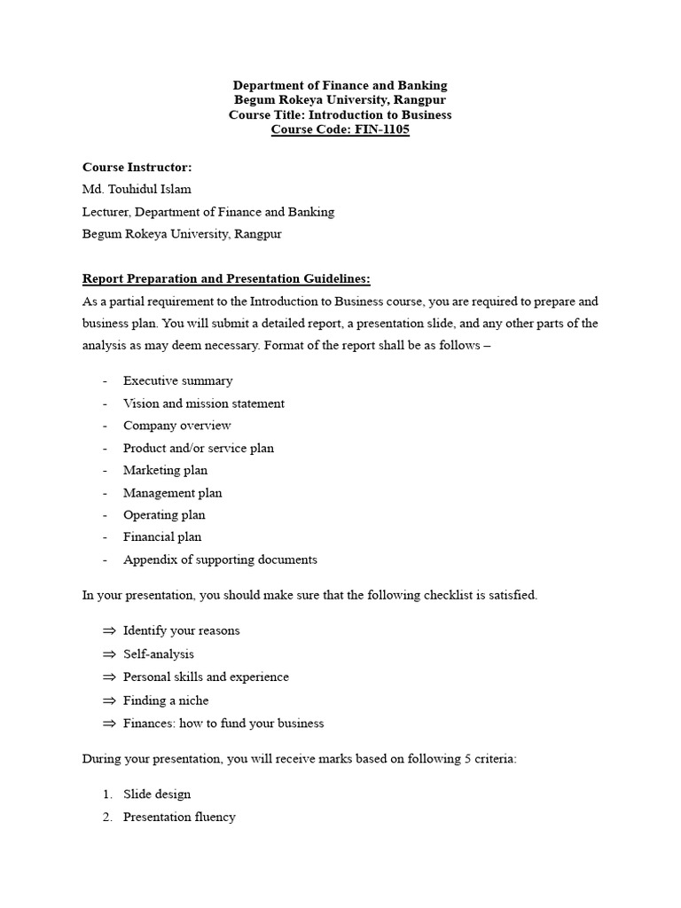 Business Plan Presentation Guidelines | PDF