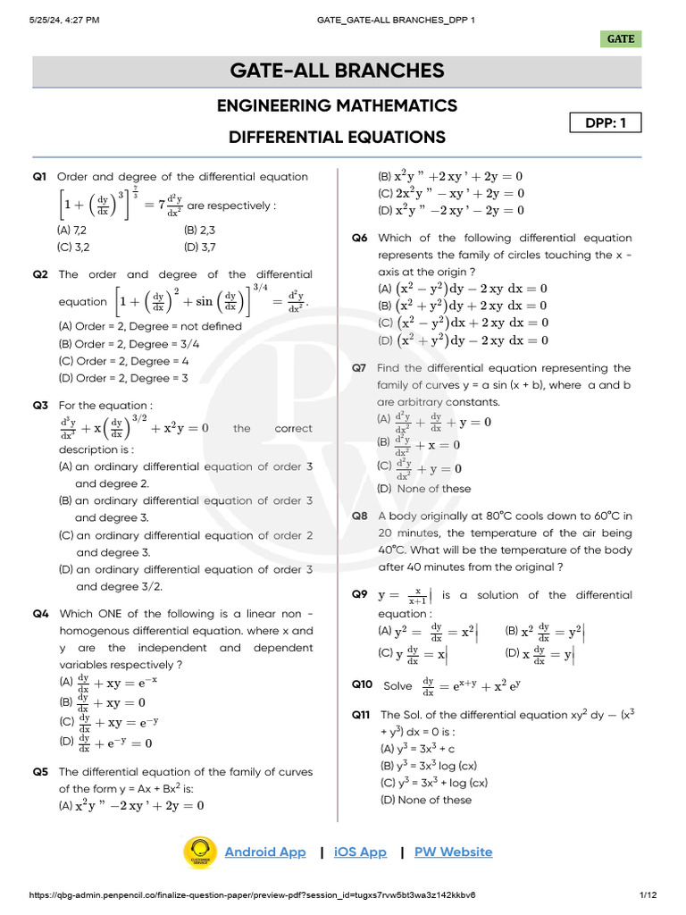 Differential Equations DPP 01 (By Puneet Sir) | PDF | Equations | Mathematical Objects