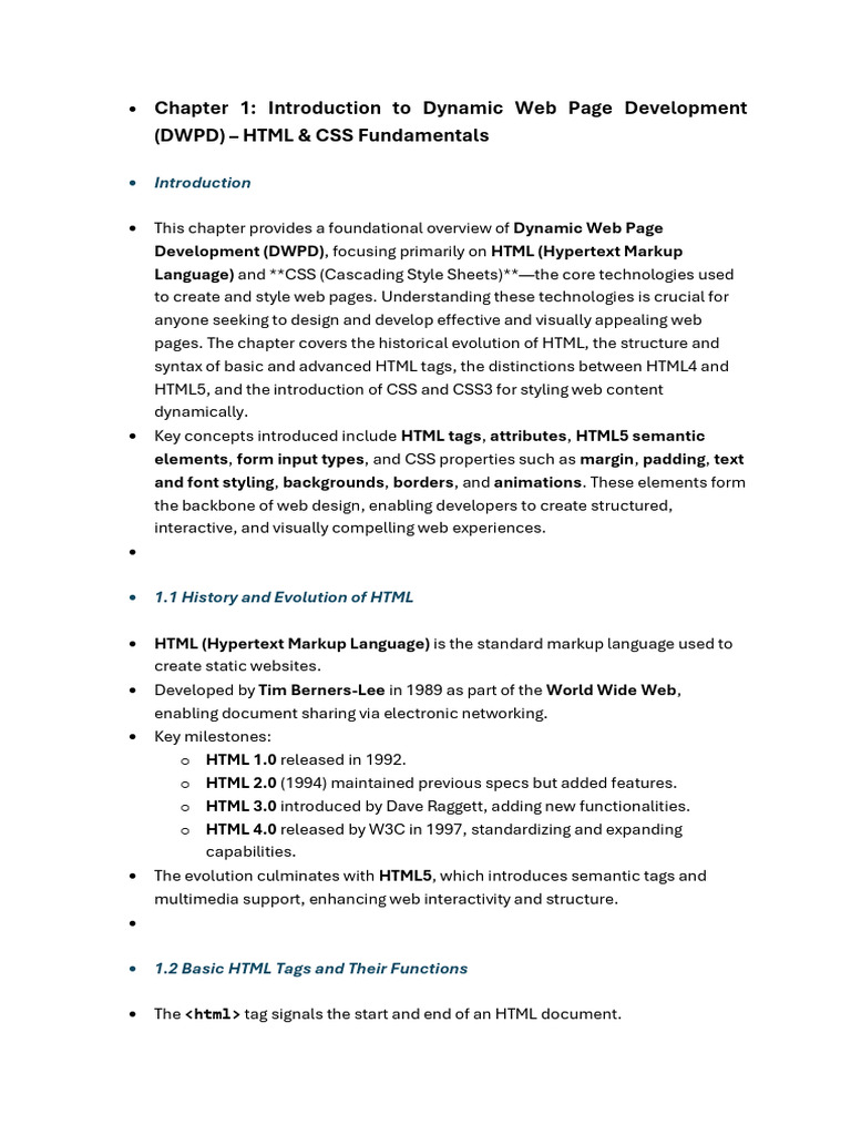 Chapter 1 Introduction To Dynamic Web Page Development (DWPD | PDF | Html | World Wide Web
