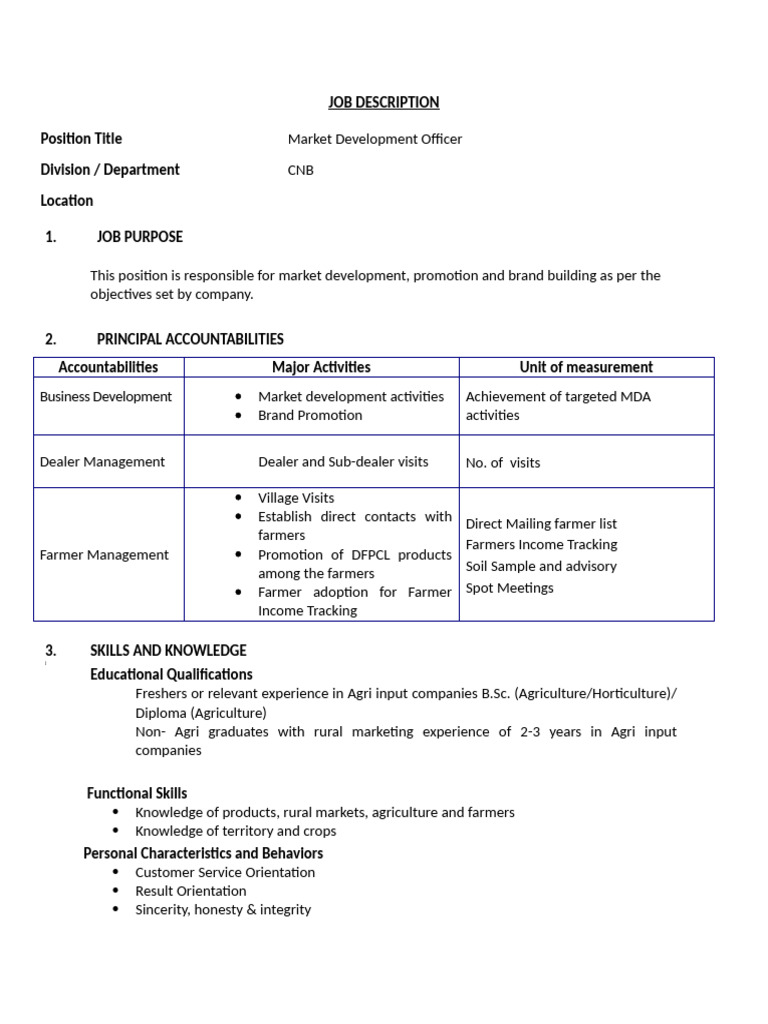 Market Development Officer Job Description | PDF