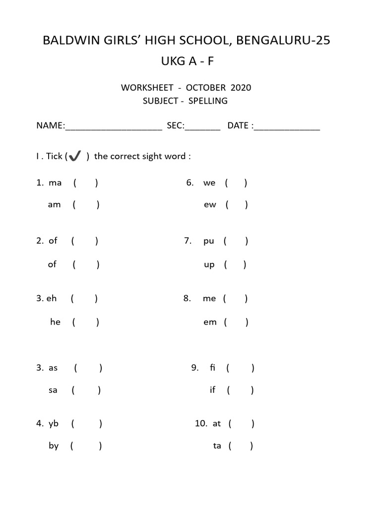 October 2020 Spelling Worksheet for UKG | PDF