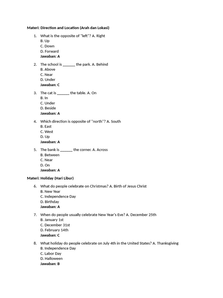 English Language Quiz: Directions & Holidays | PDF