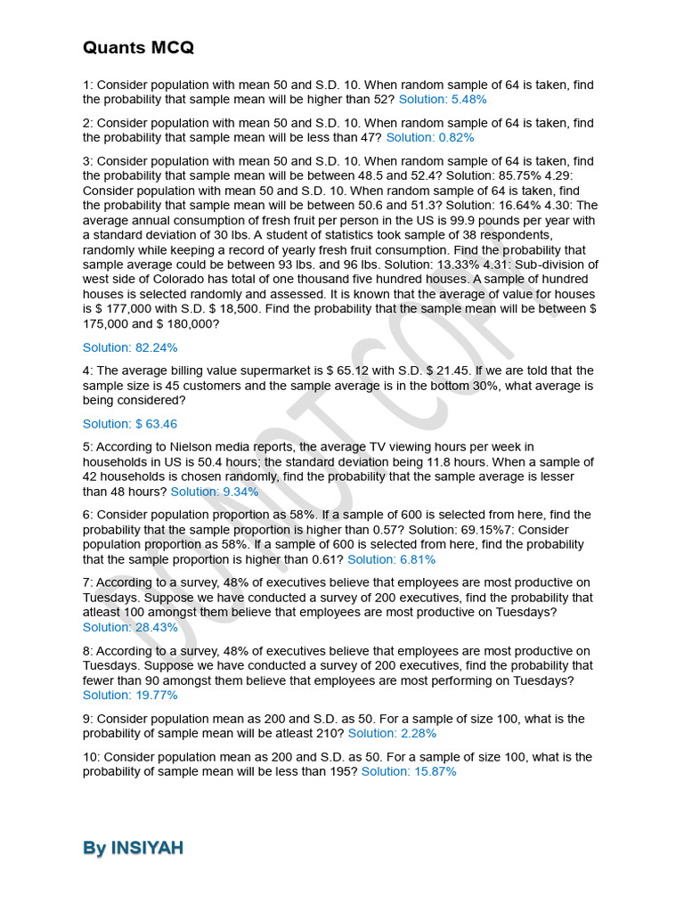Quants MCQ For Practice Part 1 by Inisiyah | PDF | P Value | Standard ...