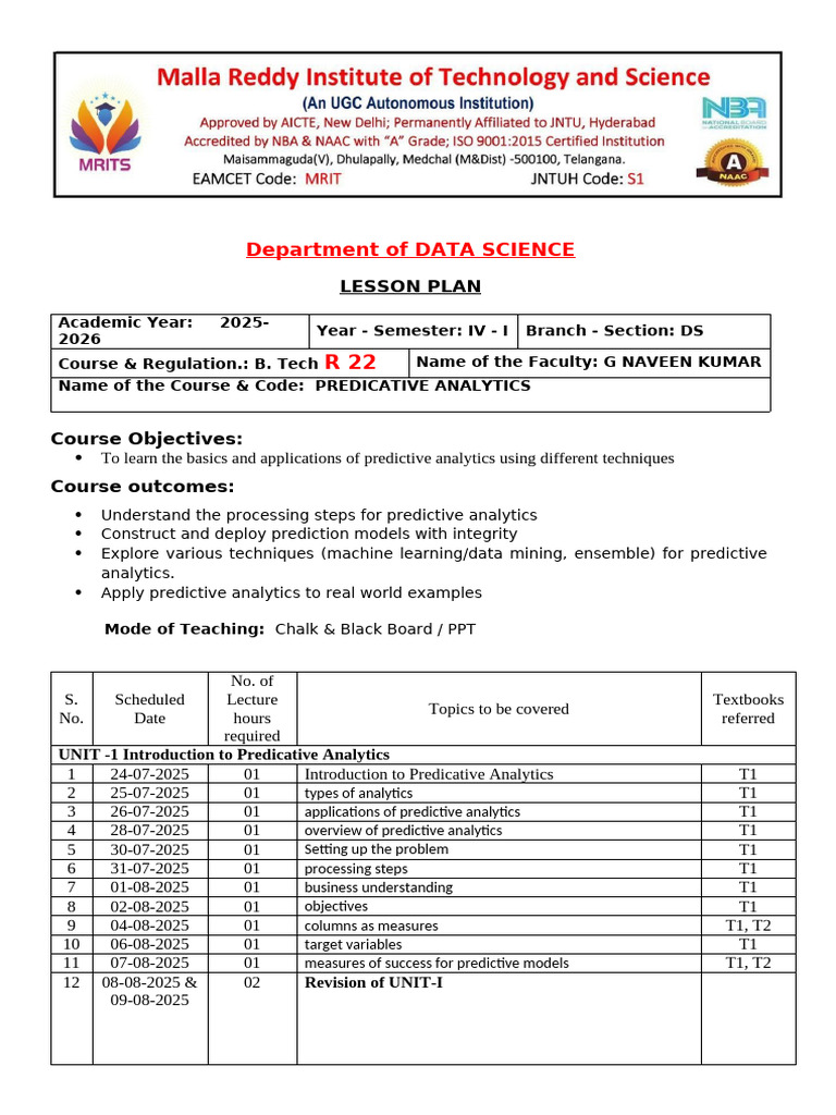 Pa- Lesson Plan - Ds - 4 Year -1 Sem 2025-26 | PDF | Applied ...