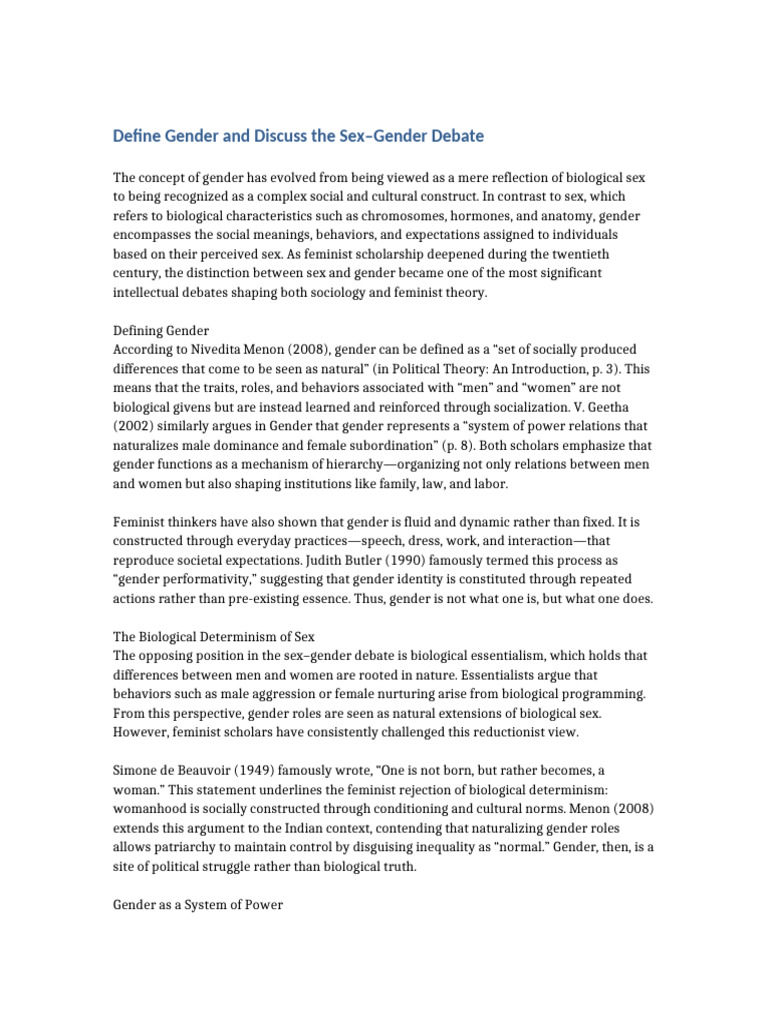 Define Gender and Sex-Gender Debate Essay | PDF | Gender | Gender Studies