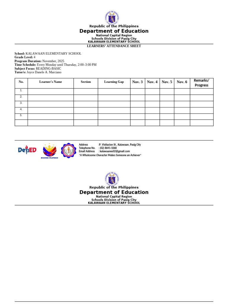 Kalawaan Elementary School Attendance Sheet | PDF