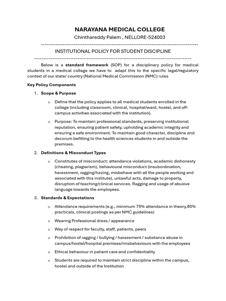 Narayana Medical College Discipline Policy | PDF | Academic Integrity