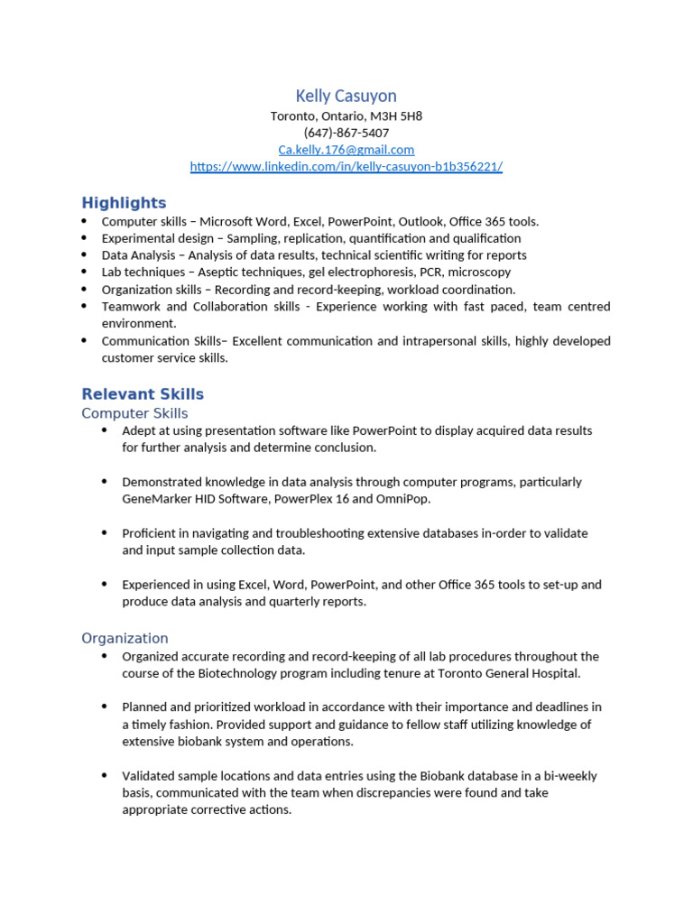 Kelly Casuyon Resume | PDF | Polymerase Chain Reaction | Biotechnology