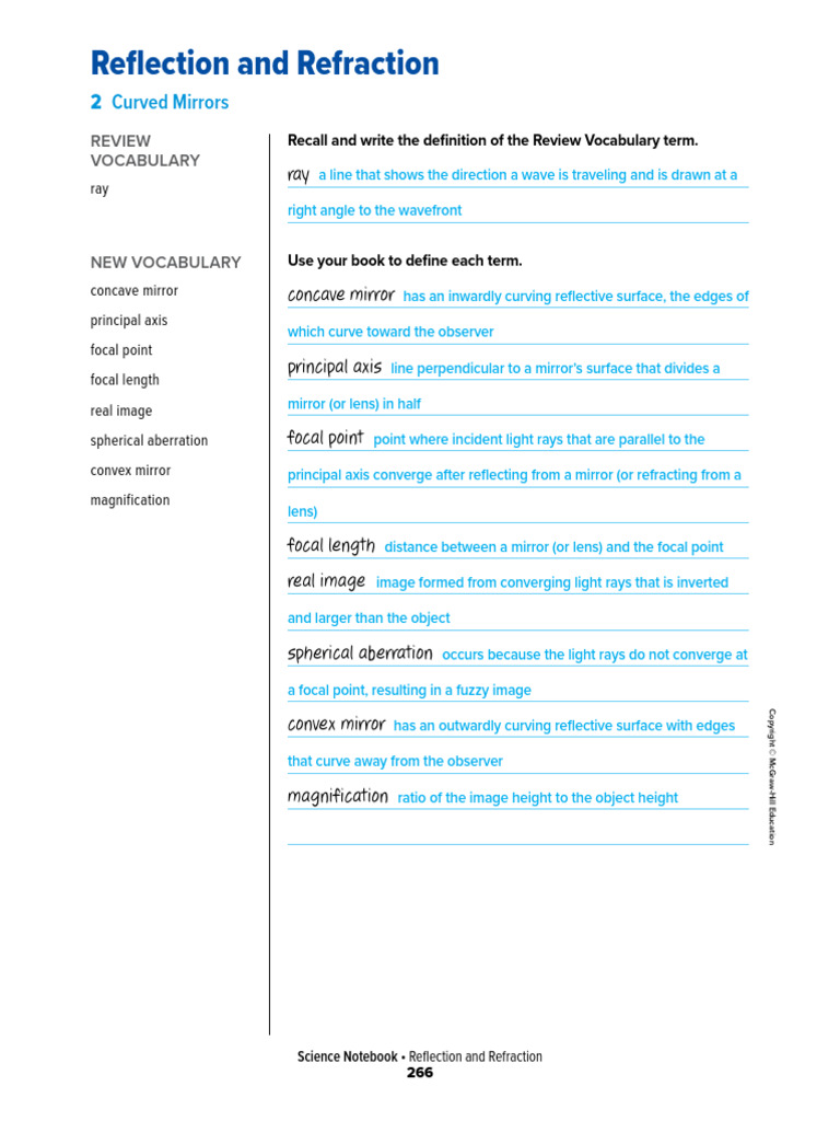 Science Notebook Answer Key - Curved Mirrors | PDF | Mirror | Electromagnetic Radiation