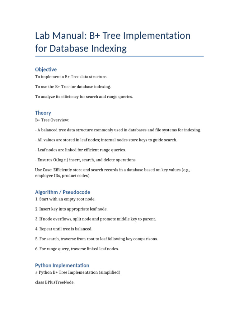BPlus Tree DB Indexing Lab Manual | PDF | Algorithms And Data ...