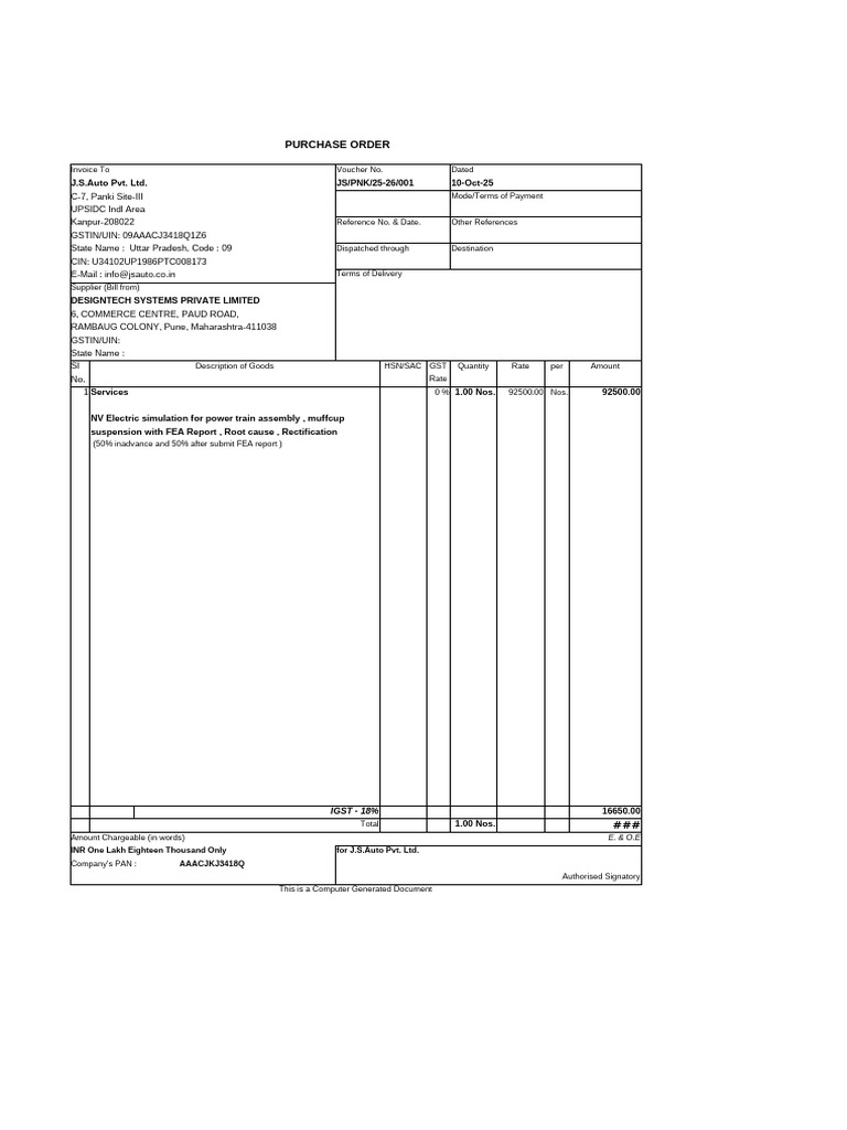 Purchase Order for J.S. Auto Pvt. Ltd. | PDF