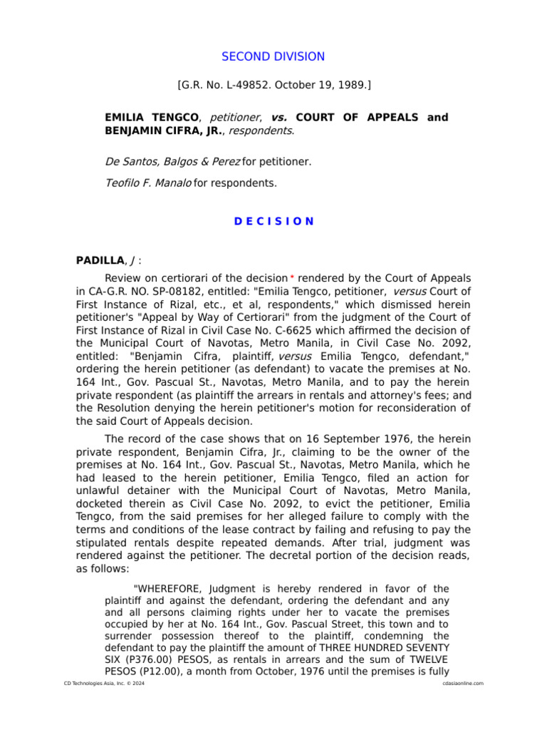 Tengco vs. Cifra: Unlawful Detainer Case | PDF | Lease | Leasehold Estate