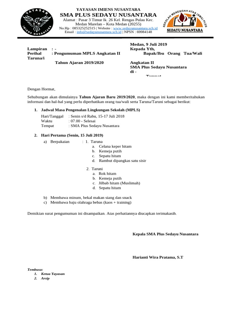 Pengumuman MPLS SMA Plus Sedayu 2019 | PDF