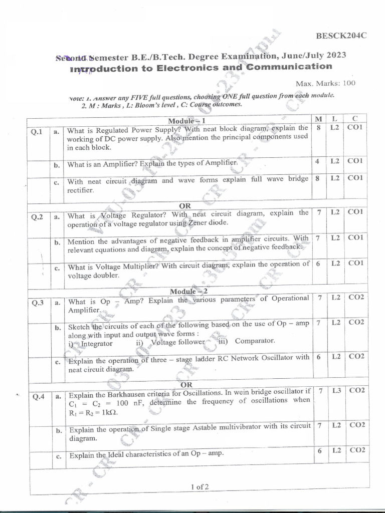 VTU Question Paper of 1BESC104C Introduction To Electronics and ...