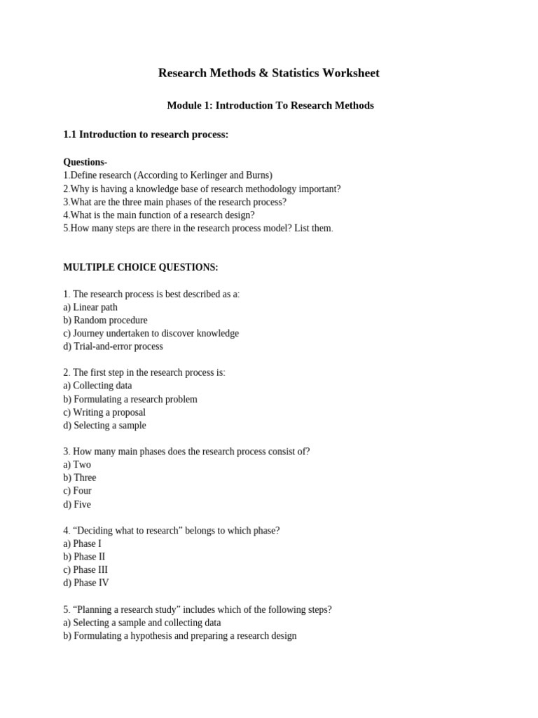 Research Methods & Statistics Worksheet (Module 1) | PDF | Sampling (Statistics) | Survey ...