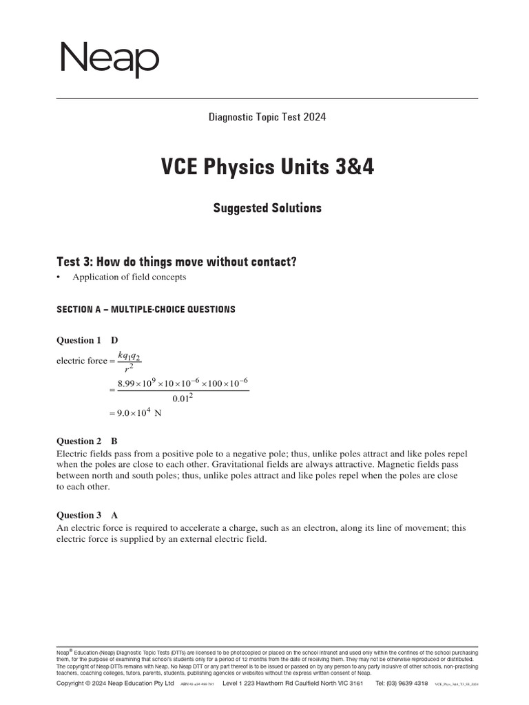 Test 3 VCE Physics Units 3&4 DTT Solutions 2024 | PDF | Force ...