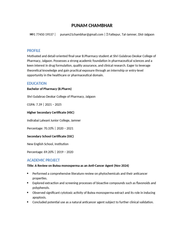 Punam Chambhar Professional ATS Resume | PDF