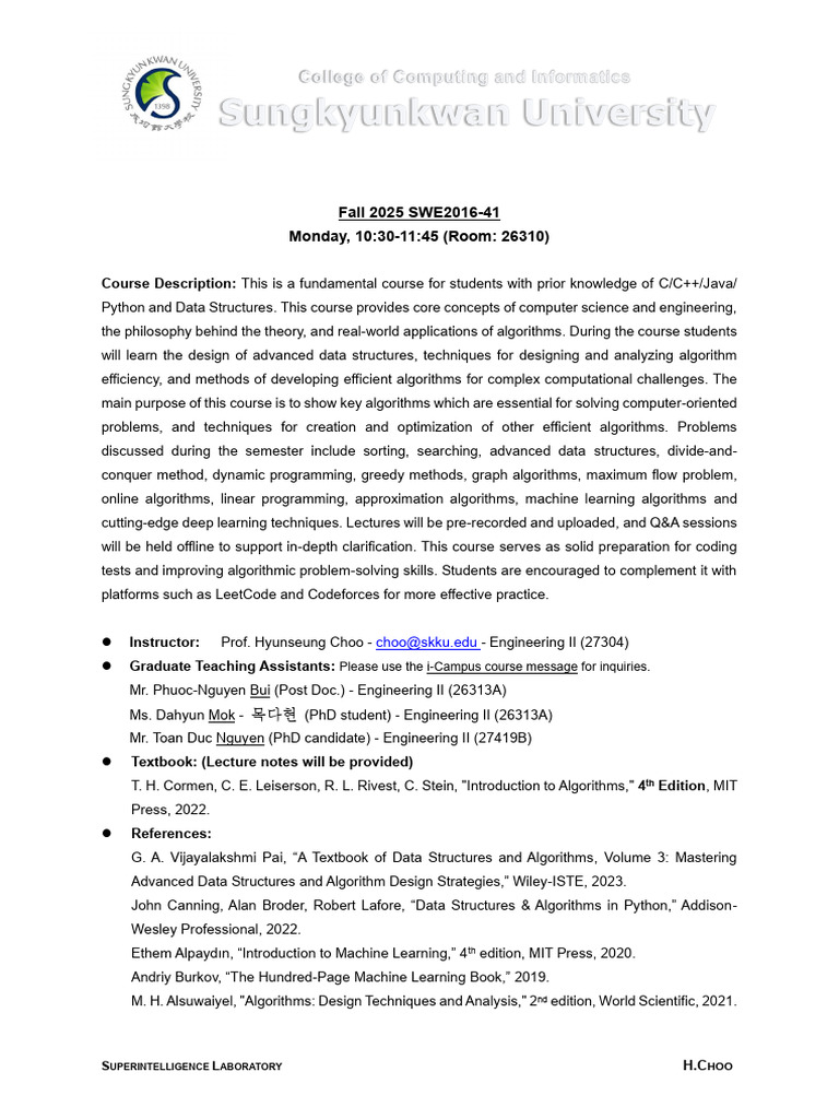 Syllabus Algorithms 2025 Fall 최종 | PDF | Algorithms And Data Structures ...