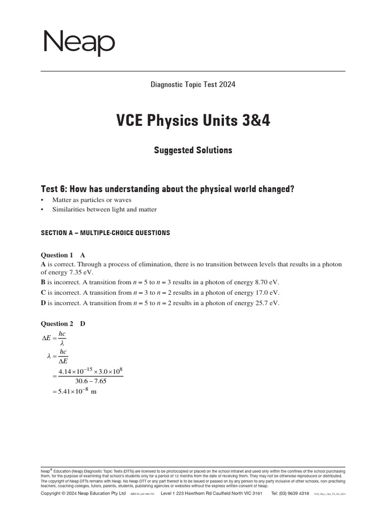 Test 6 VCE Physics Units 3&4 DTT Solutions 2024 | PDF | Electron | Photon