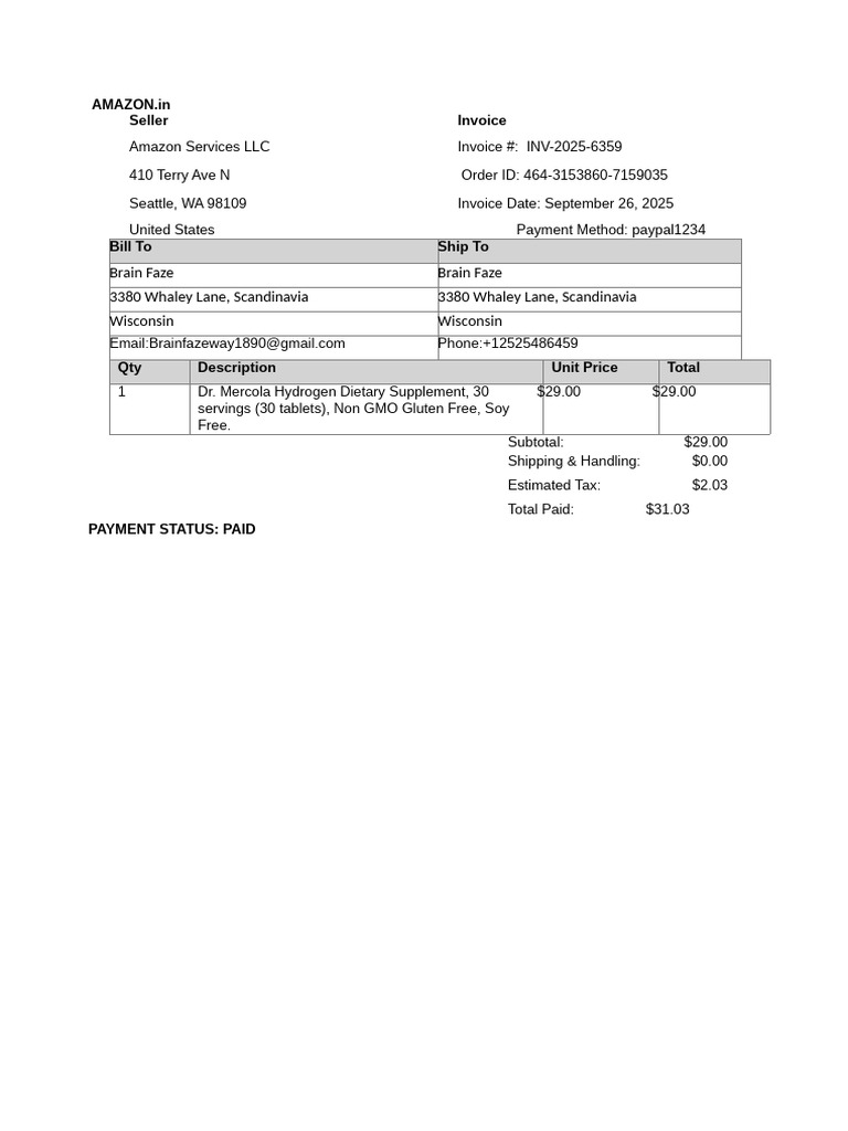 Amazon Invoice for Dr. Mercola Supplement | PDF